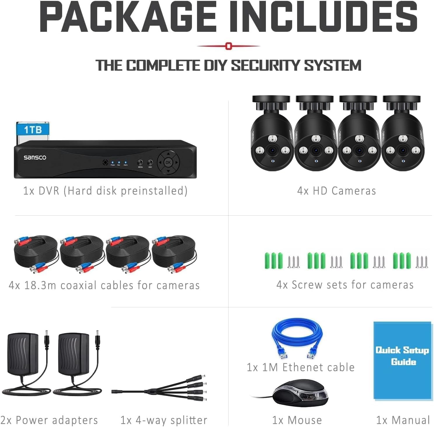 [True HD] SANSCO 2K Expandable 8CH Home Security Camera System with 1TB HDD, (4) 2MP CCTV Outdoor Waterproof Cameras 24/7 Continuous/Motion Recording