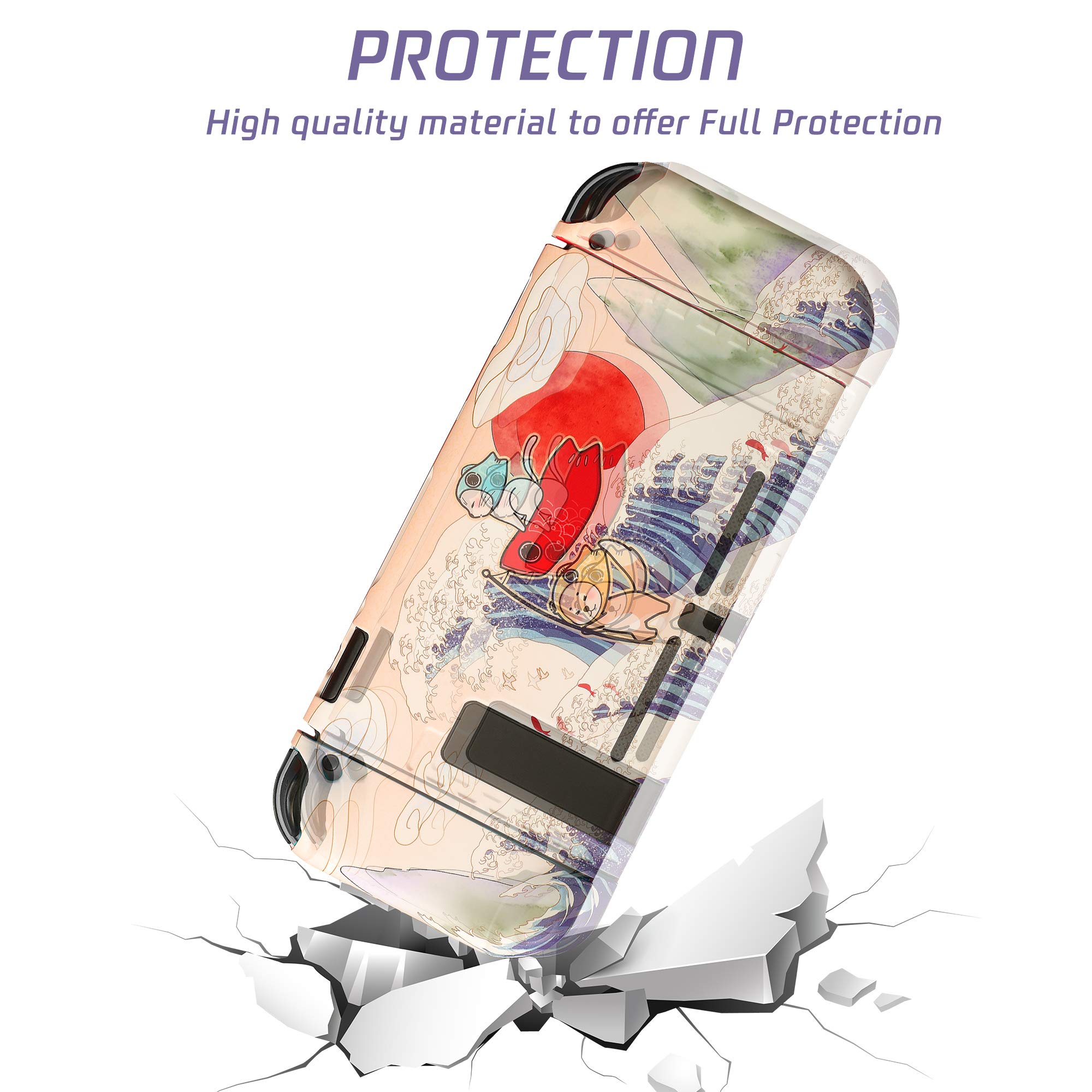 [Pro Version] Case for Switch, FANPL Hard Shell Cute Protective Case Cover for Switch and Joy Con Controller with 2 Cat Claw Thumb Grips (Ukiyoe)