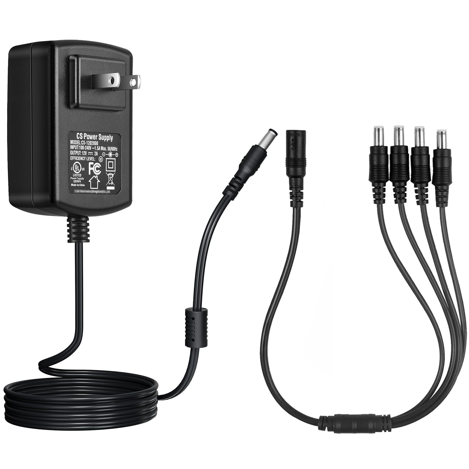 [UL Listed FCC] AC 100-240V to DC 12V 2A Power Supply Adapter 5.5mm x 2.1mm Switching +4 Split/ 4-Way Power Cable for CCTV Security Camera DVR NVR Led Strip