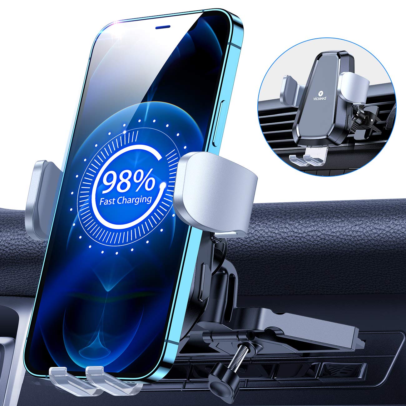 [Military-Grade Quality] VICSEED Wireless Car Charger Mount, Auto-Clamping Qi Fast Charging CD Phone Holder for Car Wireless Charger, Wireless Car Charger Vent Mount for iPhone 13 Pro Max S21 etc
