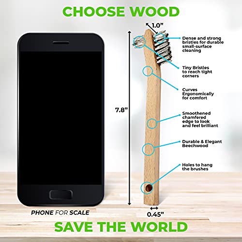 [Wire Brush Set for Cleaning] 4-Pack Multi Purpose Beechwood Handle Medium & Small, Brass & Stainless Steel Wire Scratch Brush for Rust, Paint, Welding, Heavy & Light Household Cleaning