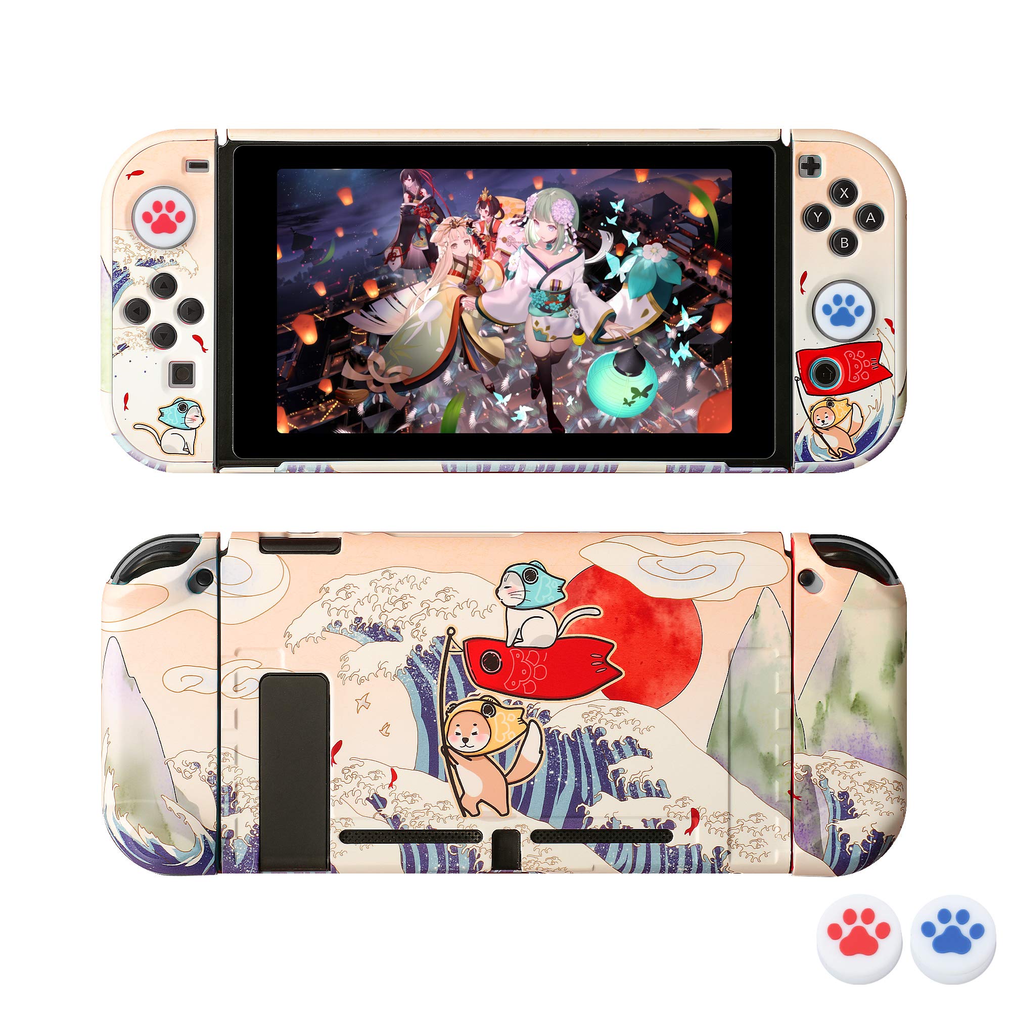 [Pro Version] Case for Switch, FANPL Hard Shell Cute Protective Case Cover for Switch and Joy Con Controller with 2 Cat Claw Thumb Grips (Ukiyoe)
