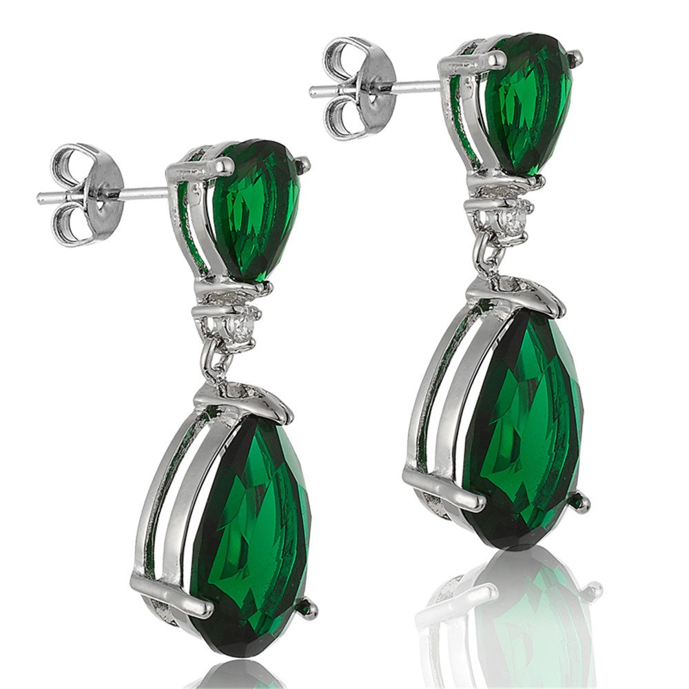 [RIZILIA CELEBOX] Teardrop Dangle Pierced 1.1" Earrings with Pear Cut CZ [Simulated Green Emerald] in White Gold Plated, Celebrity inspired by Angelina Jolie