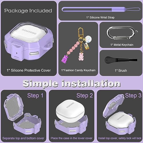 [with Secure Lock] Clear Case Cover for Galaxy Buds 2 Pro Case(2022) /Galaxy Buds Pro Case(2021) /Galaxy Buds 2 Case (2021) /Galaxy Buds Live Case(2020) with Fashion Candy Keychain (Clear Purple)