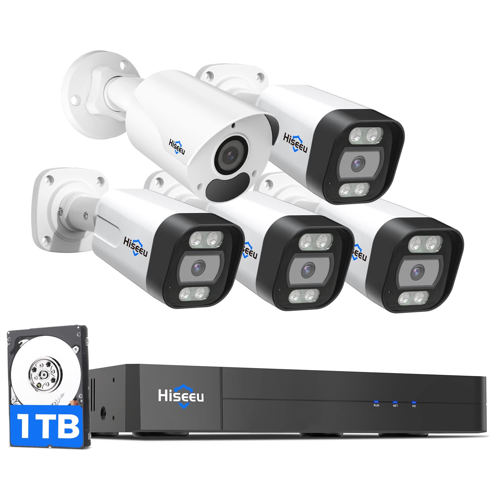[Person Vehicle Detection] Hiseeu 4K PoE Security Camera System,8 Ports 16CH PoE NVR with 4Pcs 5MP IP Security Camera for Outdoor, 1 4K 8MP Bullet Camera,Waterproof,Smart Detection/Playback,1TB HDD,