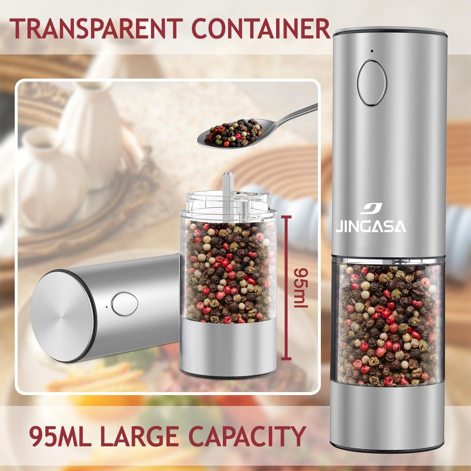 [Upgraded Larger Capacity] Electric Salt and Pepper Grinder Set with USB Charging Base, 95ml Large Capacity, Adjustable Coarseness,Stainless Steel Automatic Pepper Mill with One-Hand Operation, 2 Pack