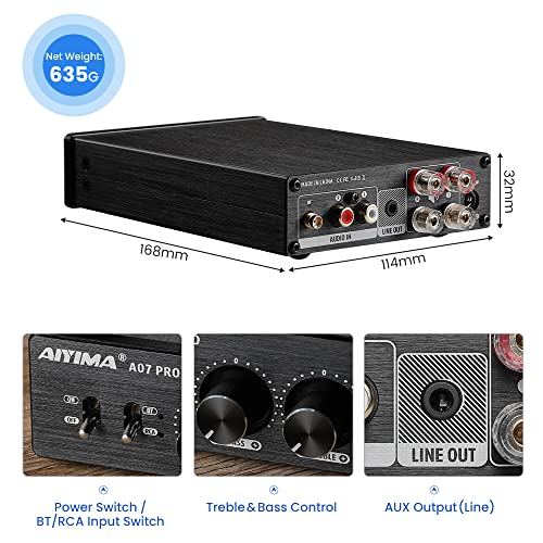 [Upgraded] AIYIMA A07 Pro TPA3255 Stereo Amplifier Bluetooth 5.2 300Wx2 HiFi Class D Amp 2.0/2.1 Channel Audio Power Amp for Speaker with Bass Treble Control& Line Output + Power Adapter