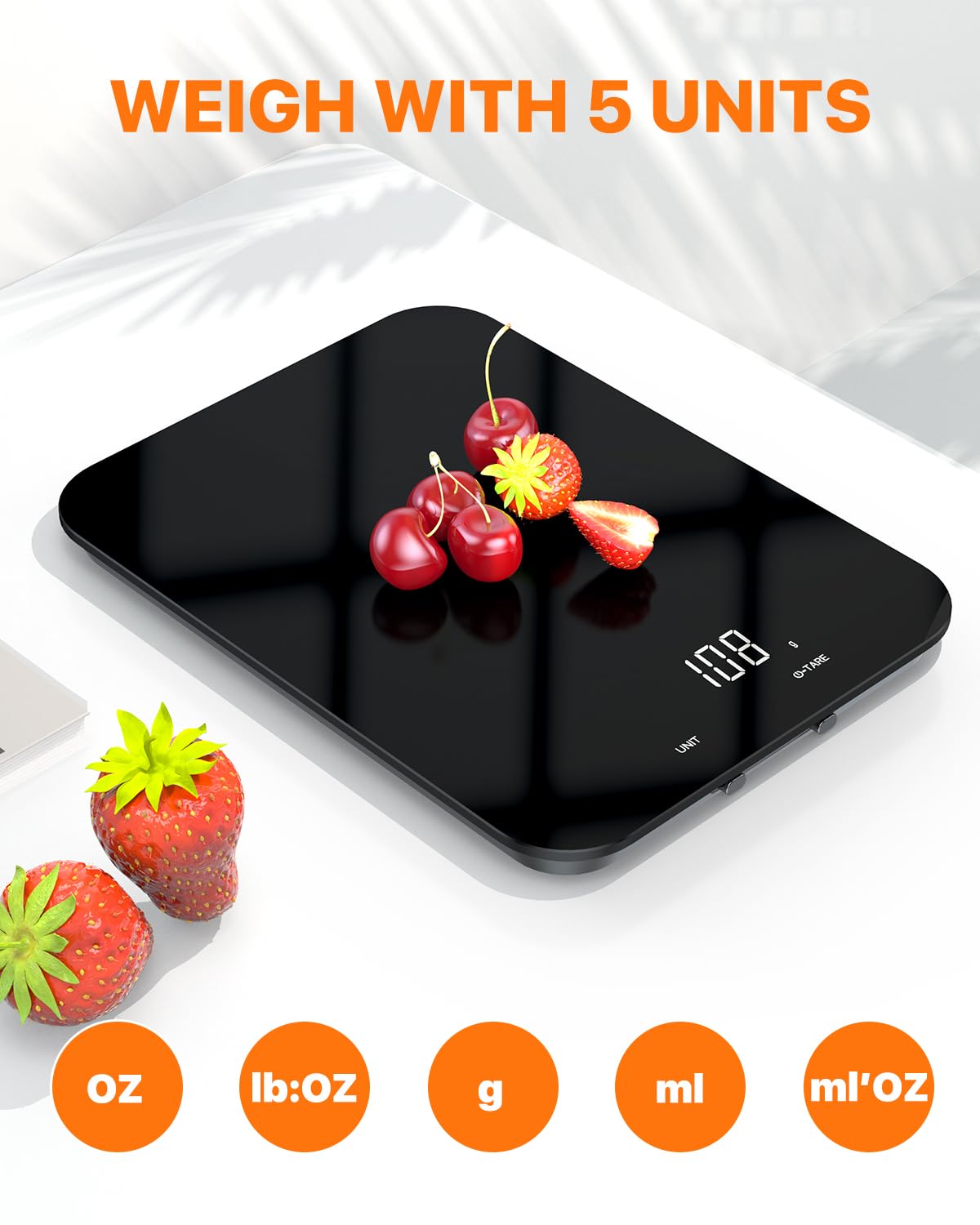 【33 LB & USB Rechargeable】Commercial Digital Kitchen Food Scale Kitchen Scale, Waterproof Glass Digital Weight Grams and Oz, Baking and Cooking, 0.05oz Precise, 5 Weight Units (Black)