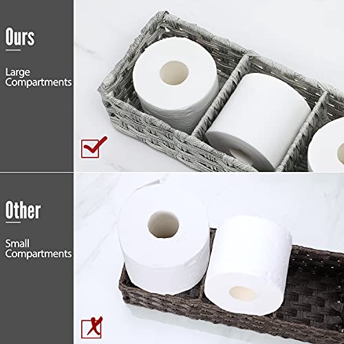 [Larger Compartments] Toilet Tank Topper Paper Basket - Multiuse Hand Woven Plastic Wicker Basket with Divider for Organizing, Rustic Farmhouse Bathroom Decor, Countertop Organizer Storage, Gray Wash