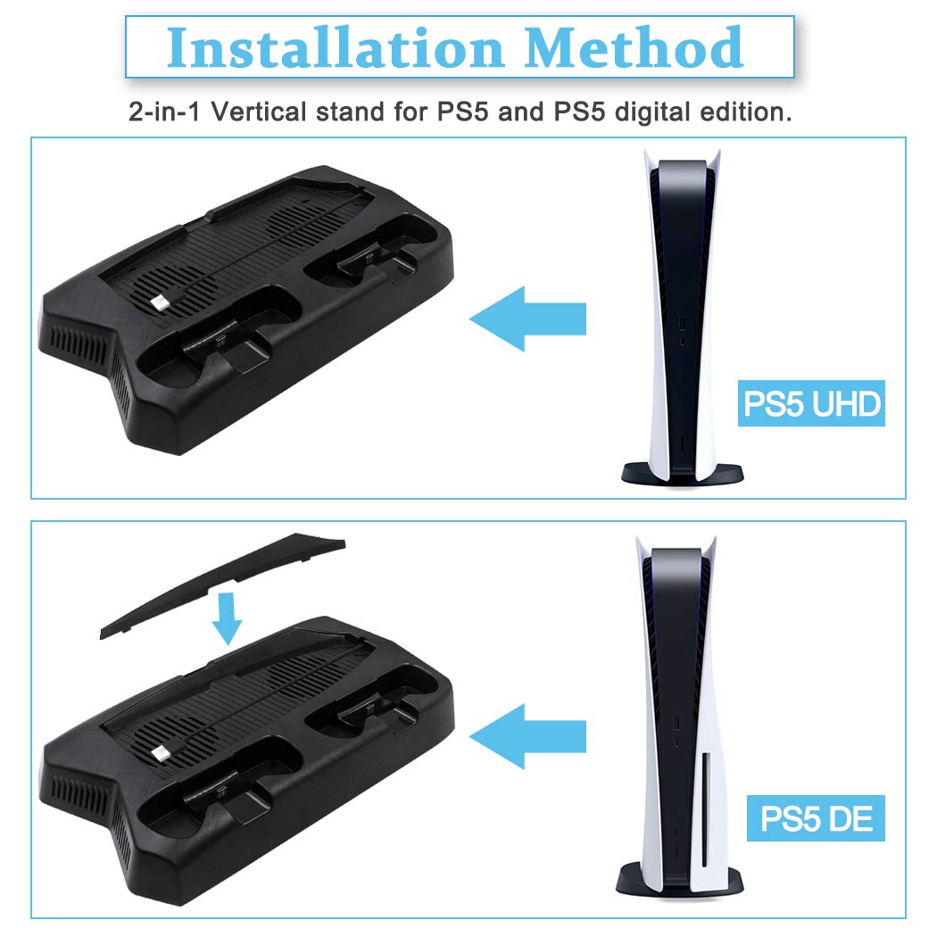 [UPGRADED VERSION] Cooling Fan Charging Station Vertical Stand Charger Compatible with Playstation 5 PS5 Console Charging Station Dock, Dual Controller Charger with 14 Game Card Slot Organizer
