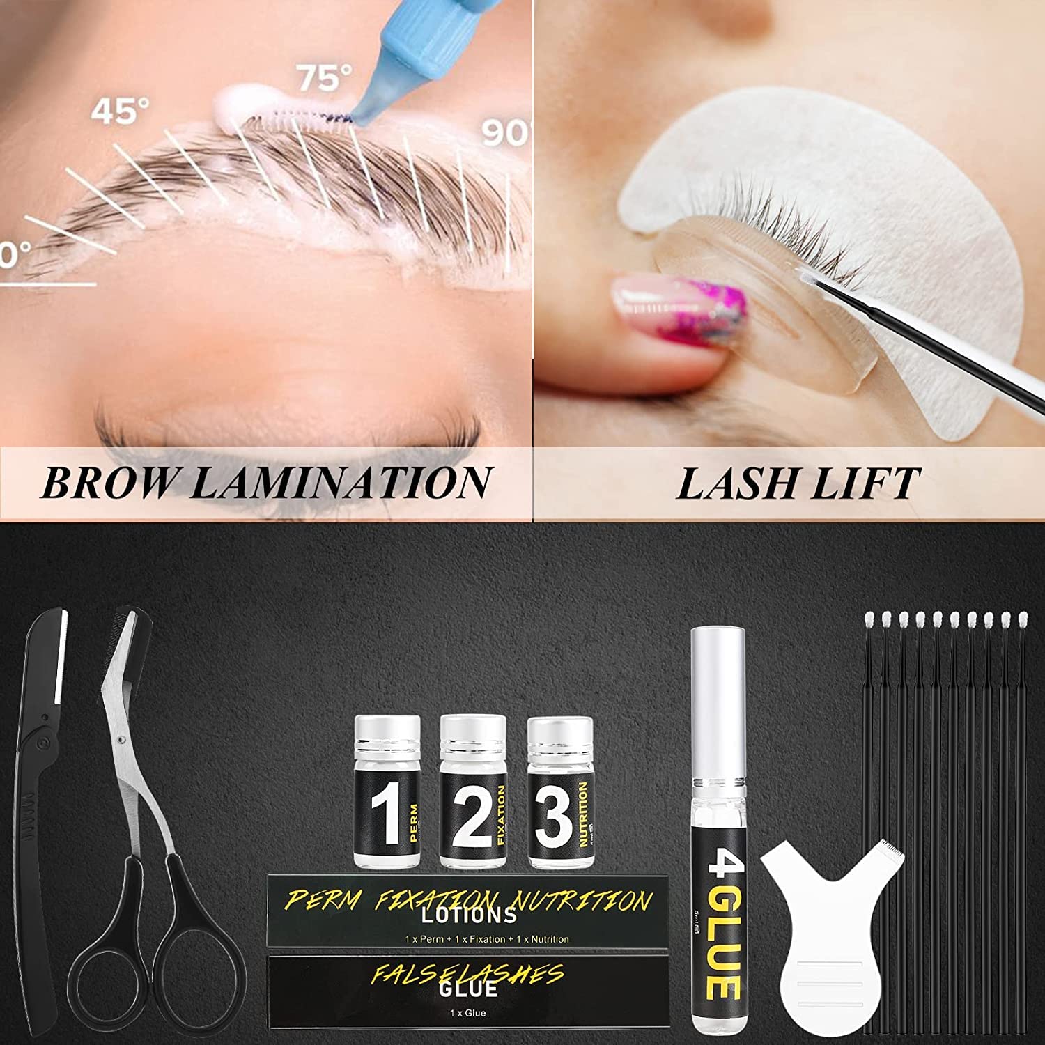 【6 in 1】 Brow Lamination Kit with Tint 丨Eyebrow Tint Dye & Eyebrow Lamination Kit with Professional Add-ons 丨Instant Fuller Thicker Eye Brow Tinter Kit for Home DIY Salon Use (Black)
