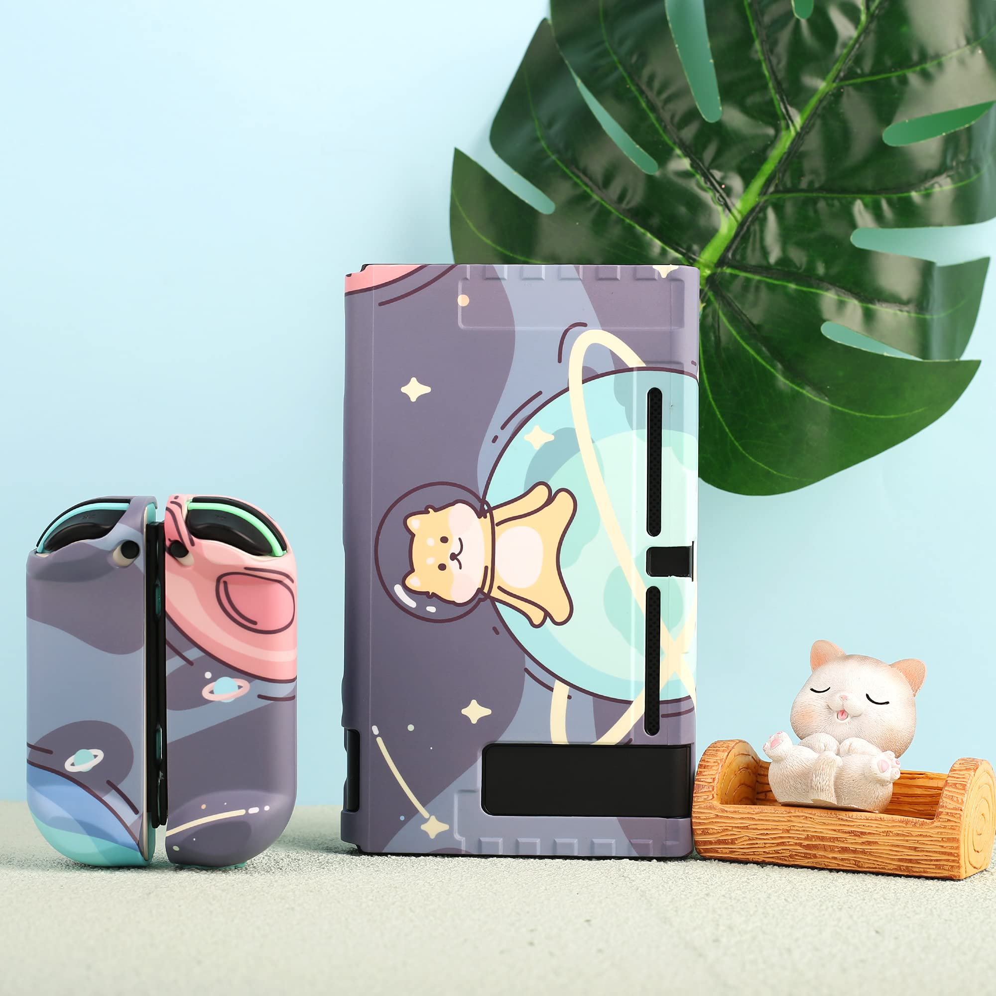 [Pro Version] Case for Nintendo Switch, FANPL Protective Case Cover for Nintendo Switch and Joy Con Controller with 2 Cat Claw Thumb Grips (Space dog)
