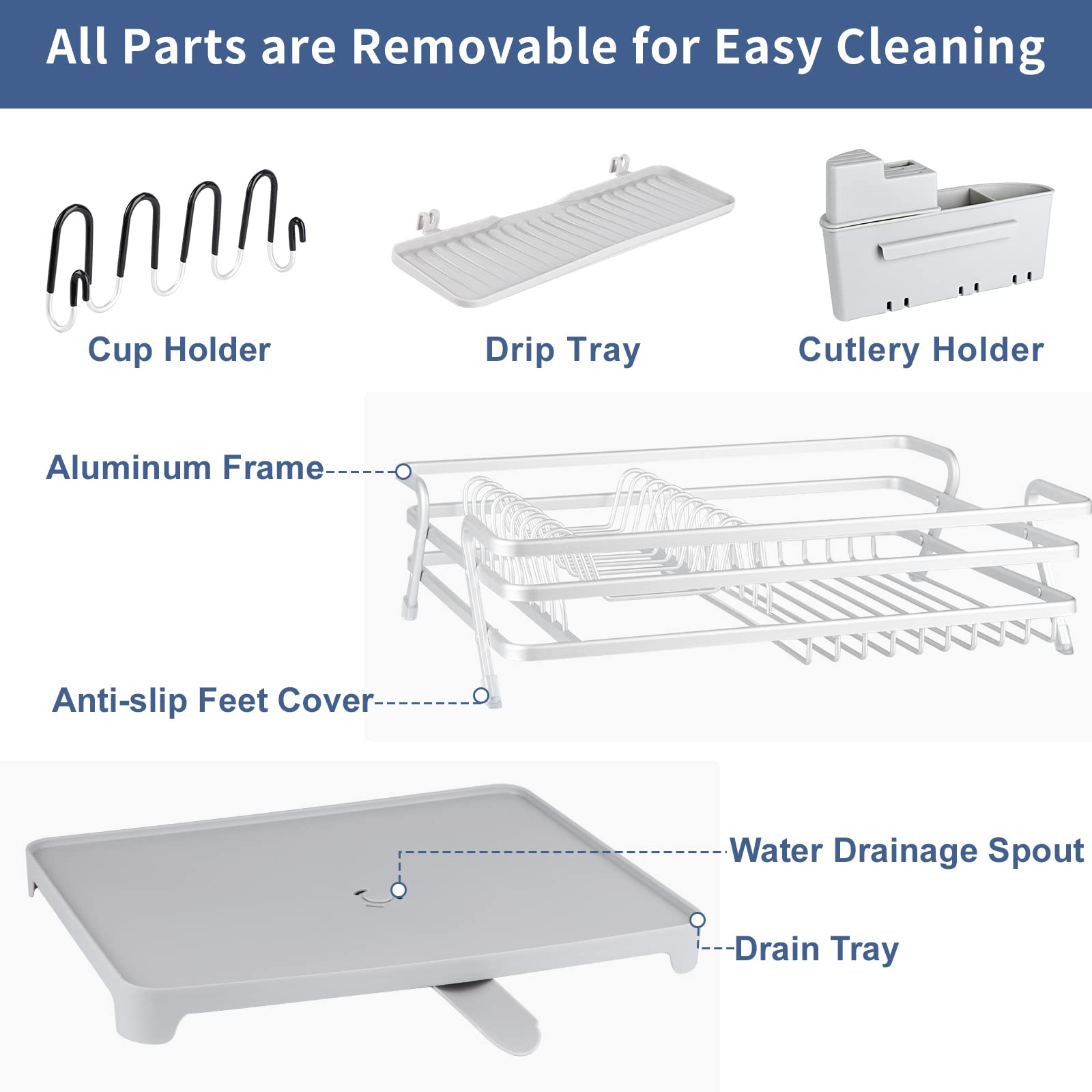 [Upgraded] Aluminum Dish Drying Rack, ROTTOGOON Rustproof Dish Rack and Drainboard Set with Drainage, Utensil Holder, Cup Holder, Compact Dish Drainer for Kitchen Counter, 16.9"L x 12.2"W, Light Gray