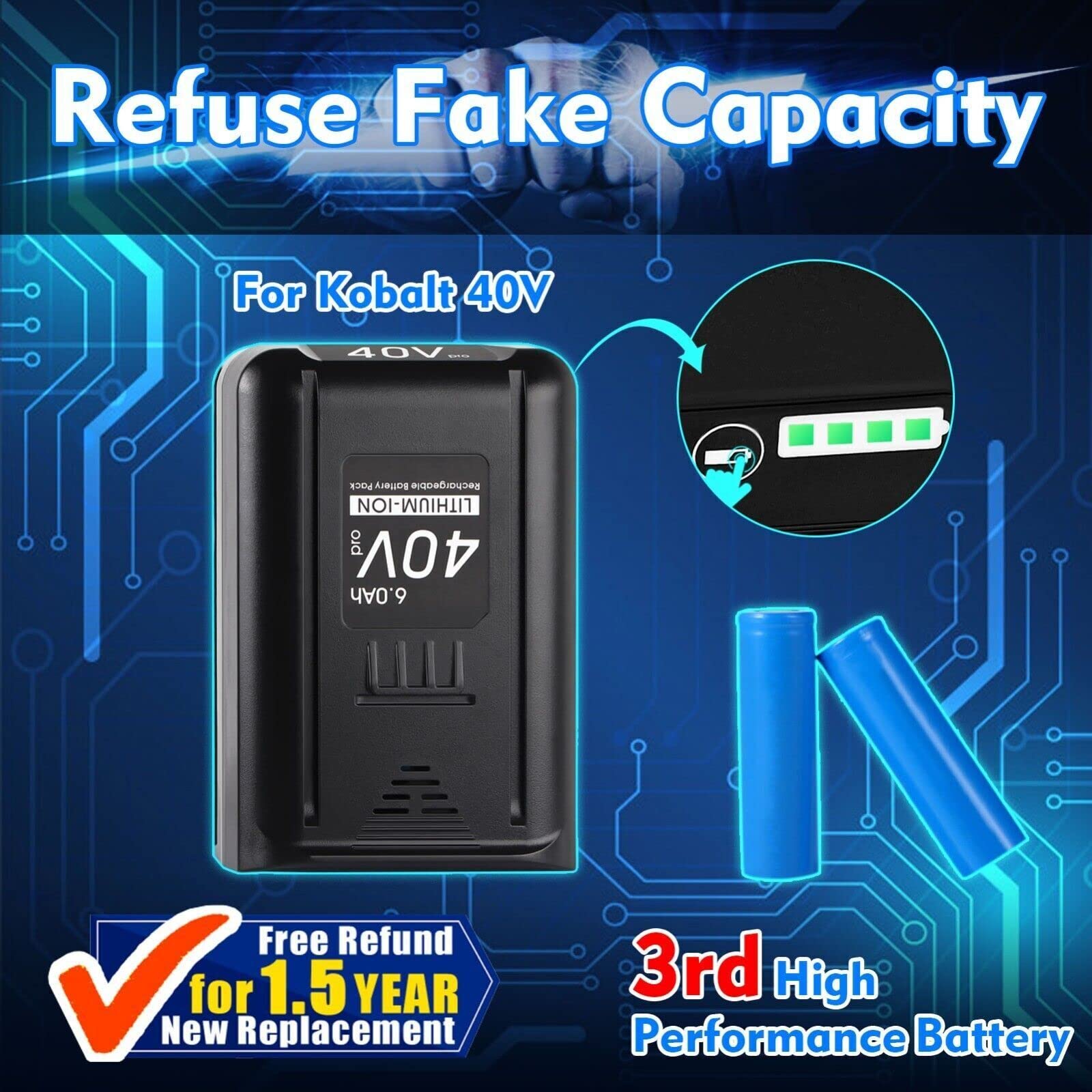【Upgrade】 6.0Ah 40Volt Replacement Battery for Kobalt 40V MAX Battery 2540C-06 Lithium-ion Battery for KB440-03 KB2540C-06 KB640-03 KB240-06 for Cordless Power Tools -High Capacity