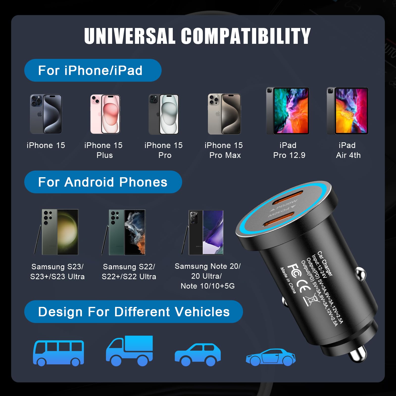 [MFi Certified] iPhone 15 Fast Car Charger, Mini 60W All Metal Dual USB C Car Charger Fast Charging Adapter & 2 Pack USB C to USB C Cord for iPhone 15/15 Plus/15 Pro/15 Pro Max/iPad Pro/Air/Mini
