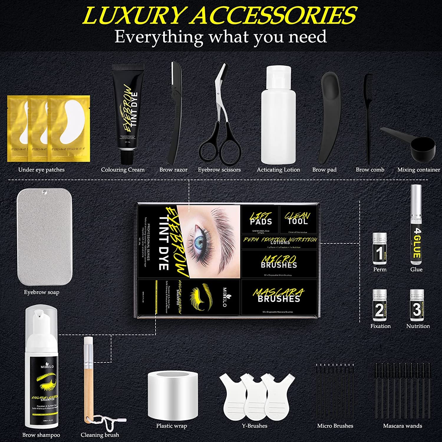 【6 in 1】 Brow Lamination Kit with Tint 丨Eyebrow Tint Dye & Eyebrow Lamination Kit with Professional Add-ons 丨Instant Fuller Thicker Eye Brow Tinter Kit for Home DIY Salon Use (Black)