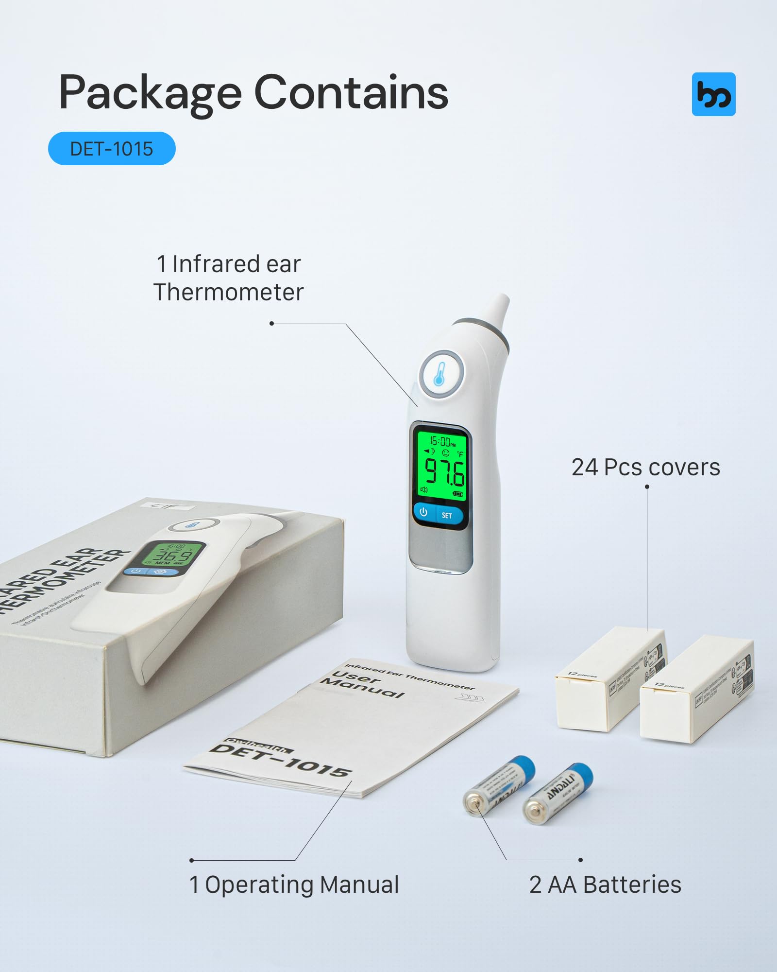[Ear Thermometer Kit ] Femometer Family 1015 Ear Thermometer and 96X Probe Covers