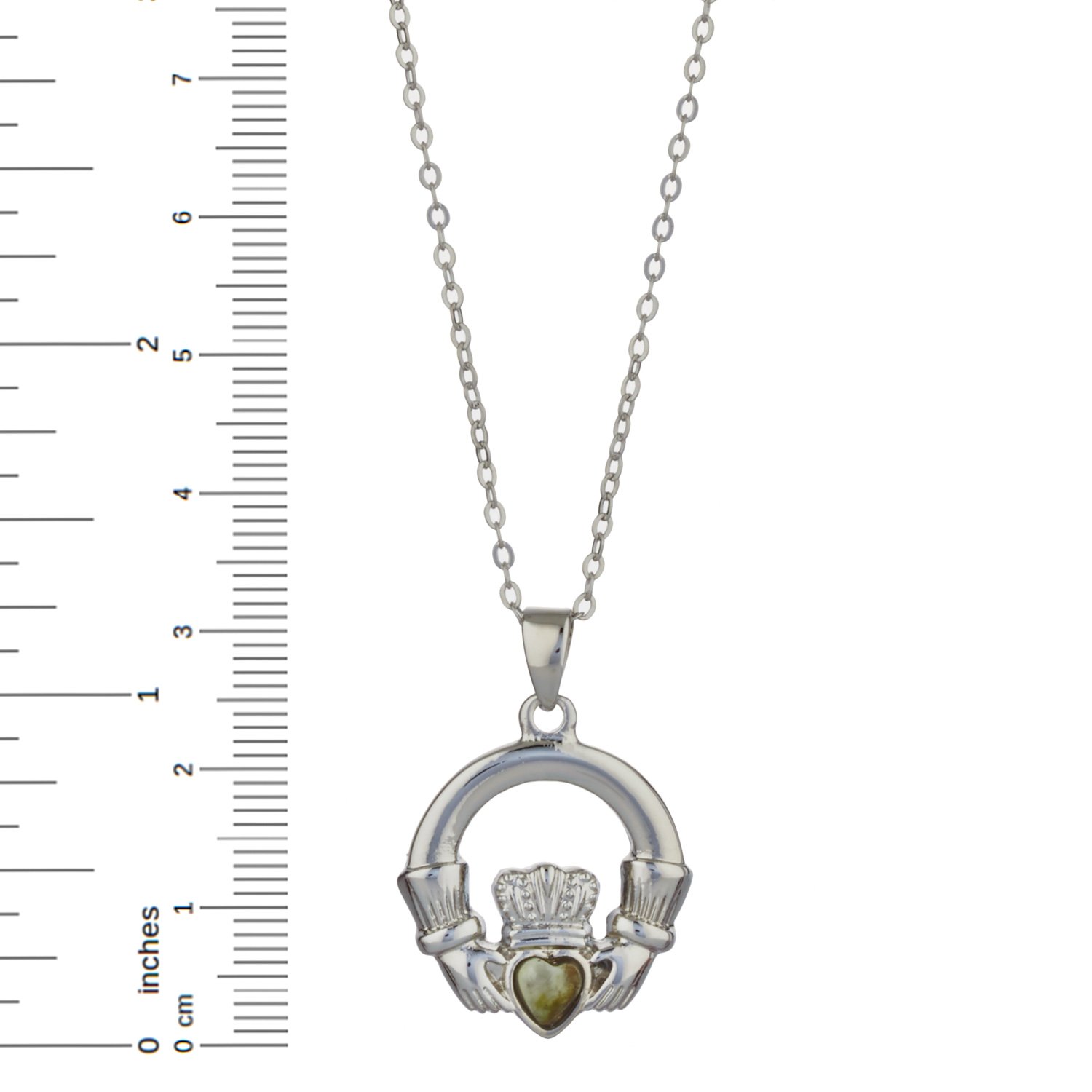 [S45511] Claddagh Rhodium Plated Pendant with Irish Connemara Green Marble with 18" Rhodium Chain