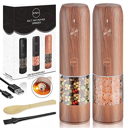 [Upgraded Larger Capacity] Electric Salt and Pepper Grinder Set - USB Rechargeable One Hand Operation Automatic Pepper Grinder and Salt Grinder with Adjustable Coarseness & LED Light Refillable