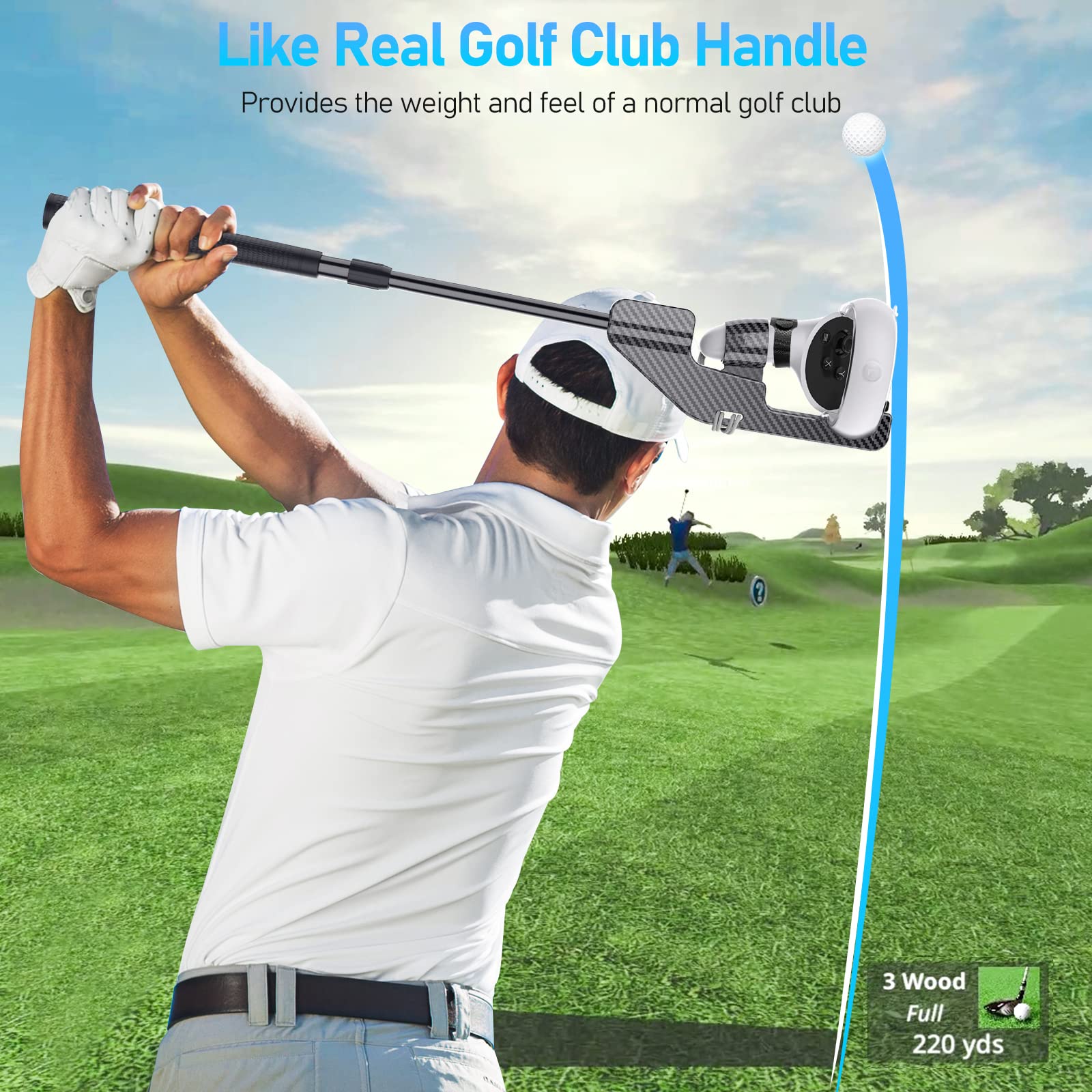 [New Version] VR Golf Club Extension for Oculus Quest 2, Defanti VR Golf Club Adapter Handle Accessories, Golf Club Attachment with 2 Controller Covers Bonus, Enhance Immersive VR Game Experience