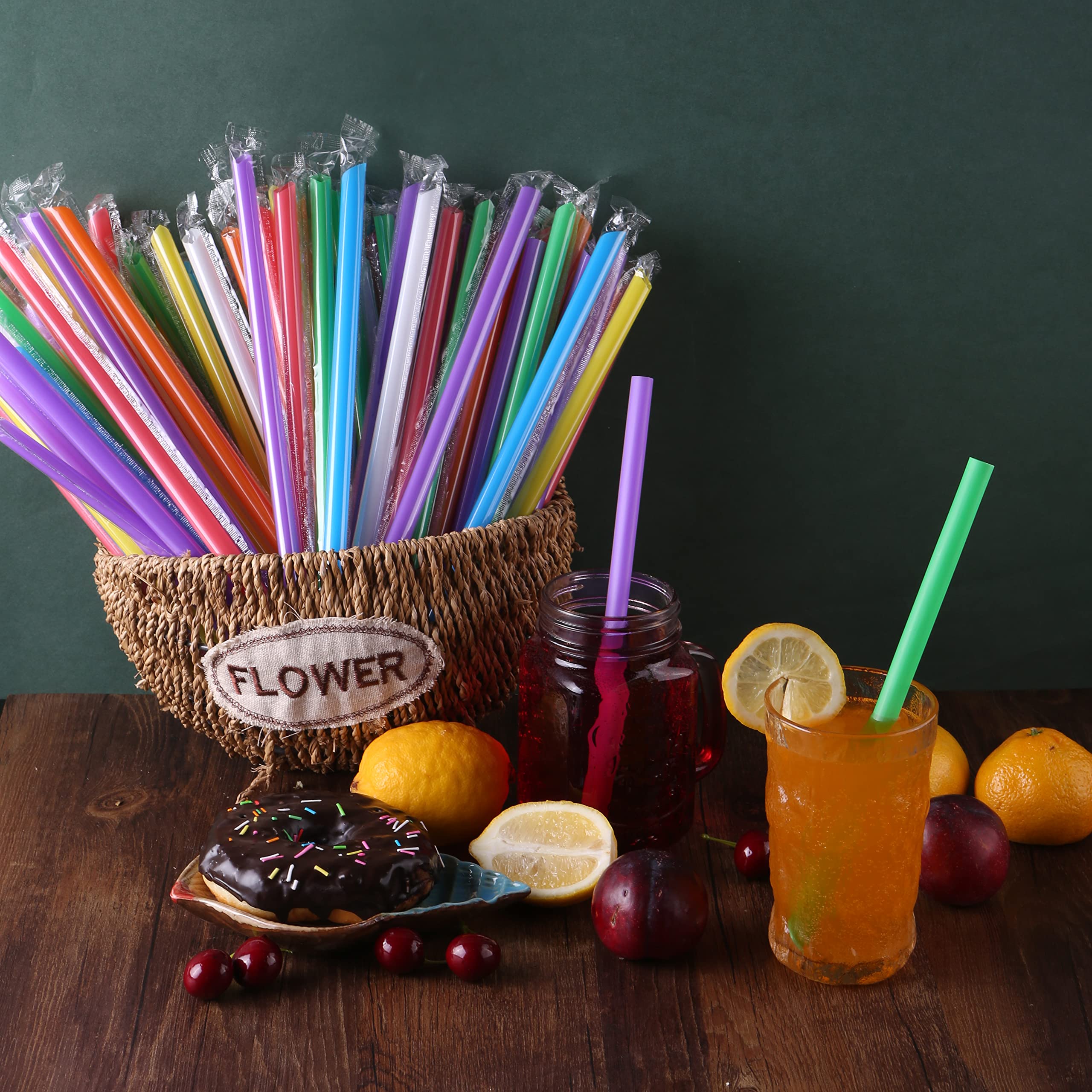 [Individually Wrapped] ANGLED TIPS 100 Pcs Disposable Jumbo Smoothie Straws, Wide Multi Colors Milkshakes Plastic Drinking Straws, BPA FREE (8.27" Long and 0.43" Diameter)