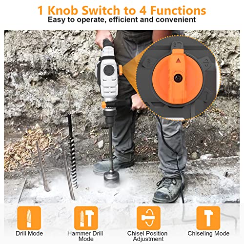 [Upgraded] Towallmark 12.5 Amp Rotary Hammer Drill, 1-1/4 Inch SDS-Plus 4 in 1 Multi-functional Heavy Duty hammer drill, Safety Clutch, Drill Chuck, for Concrete, Tile, Wall, Stones, Cement and Metal