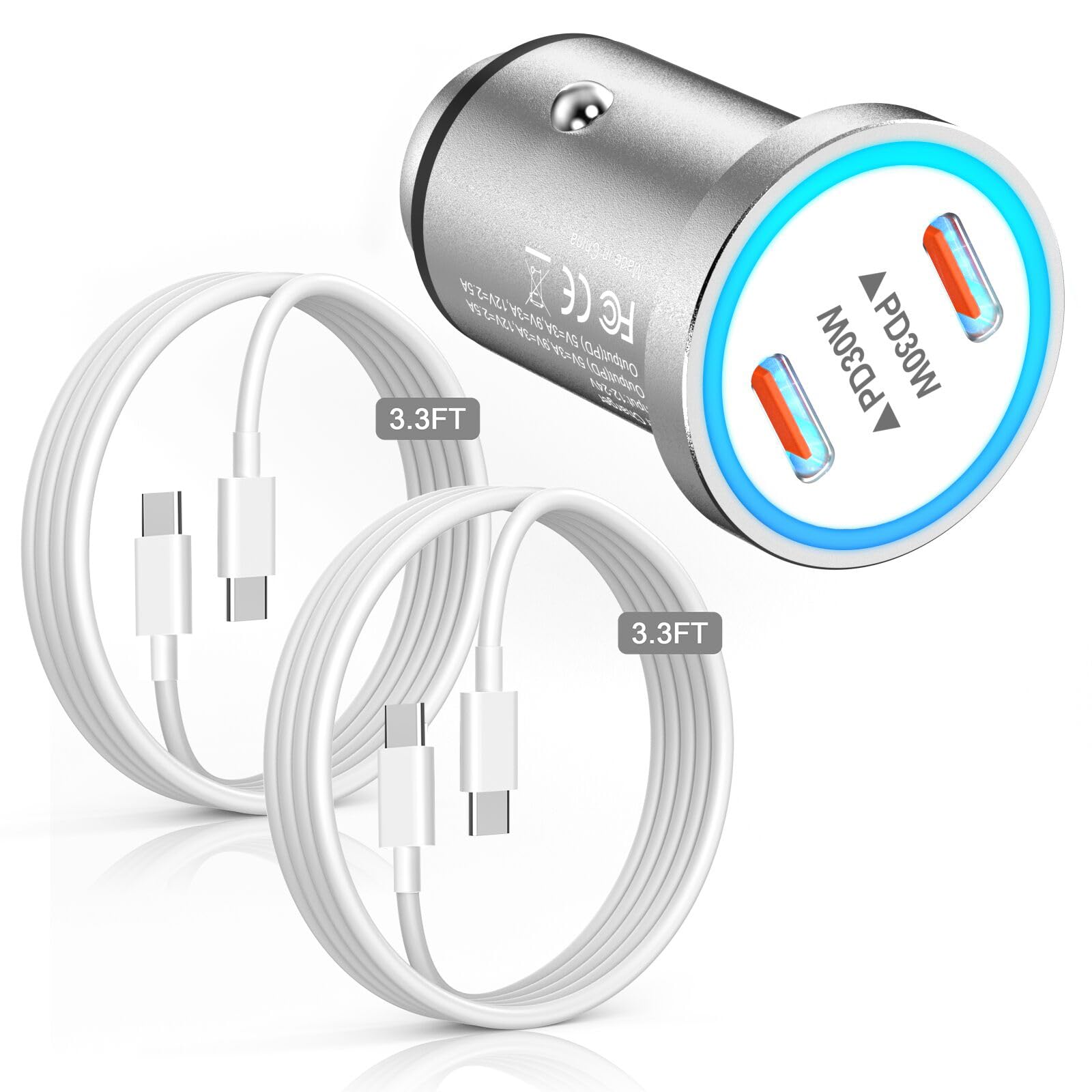 [MFi Certified] iPhone 15 Car Charger,60W Compact Dual Port USB C Fast Car Charger Adapter All Metal with 2Pack 3.3Ft Type C to Type C Cord for iPhone 15/15Plus/15Pro/15Pro Max,iPad Pro/Air/Mini