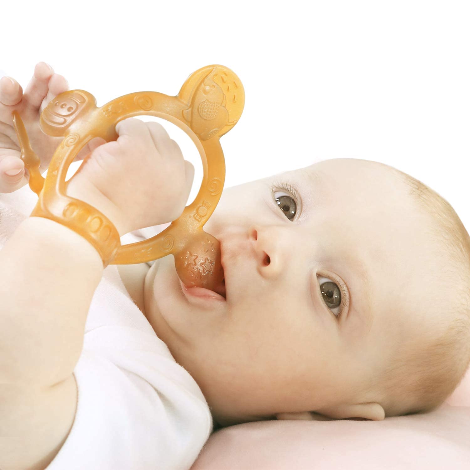 【Never Drop from Hand】 HEORSHE 2 Pack Baby Teething Toys for Babies 3-6 Months Teethers for Infant Toddlers Silicone Molars Adjustable Chew Toys for Babies 3 4 5 6 7 8 9 10 11 12 Months (Brown + Pink)
