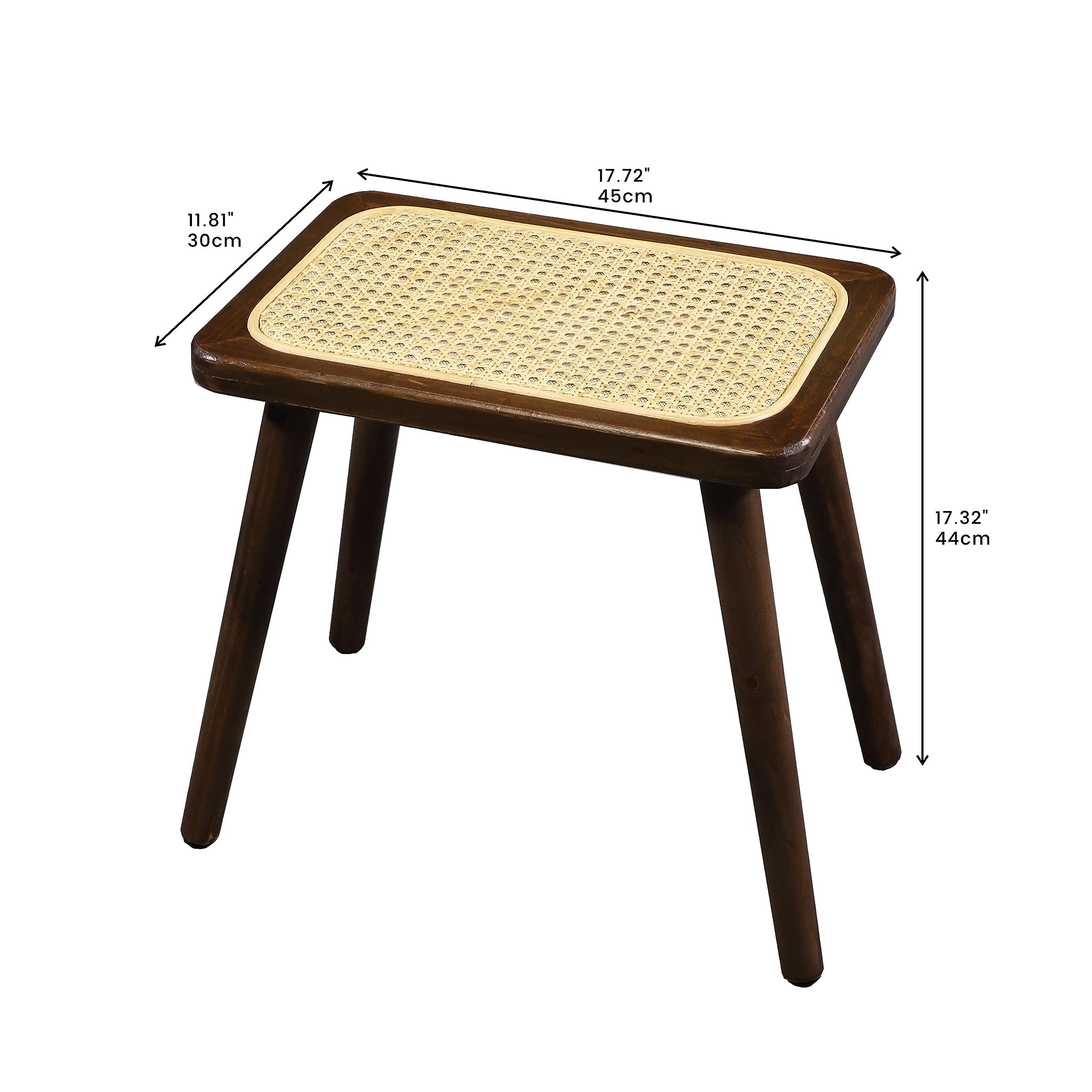 [PJ Collection] Natural Rattan Top Wood Stool, with Portable and Detachable Legs, Handcrafted Wood Stool, Lightweight Stool, Hand Woven, Comfortable Support (Rectangle, Walnut Wood)