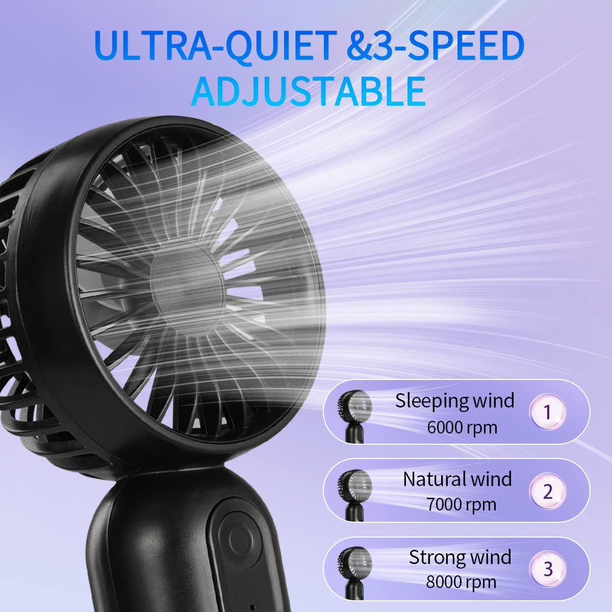 [Portable Mini Fan 3-pack] Handheld Personal Small Fan with 3-speed for Travel, USB Rechargeable Battery Operated Eyelash Fan, Black&White&Pink