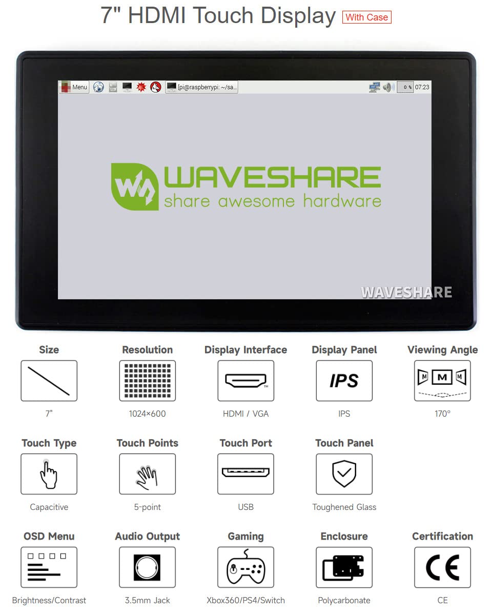 [Latest Version] Waveshare 7inch Capacitive Touch Screen LCD Monitor for Raspberry Pi 5 RPi 400 4 3 Model B Compatible with All Versions of Raspberry Pi Windows with HDMI/VGA Port with Case