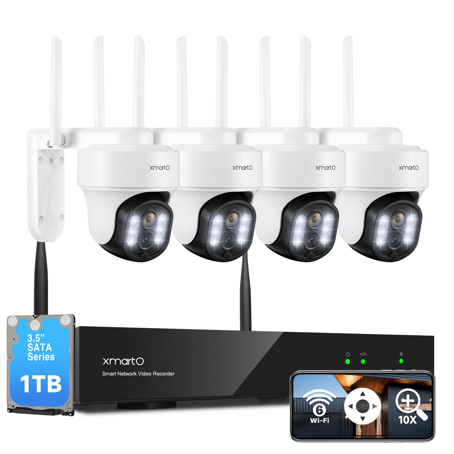 [WiFi 6 & 10X Zoom] XMARTO 10CH HD Auto Tracking PTZ Security Camera System Wireless Outdoor/Indoor, Dual-WiFi 4K NVR with 4X 6MP Home Cams, 1TB HDD (Plug-in 24/7 Surveillance, Auto WiFi-Relay)