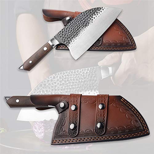 [Full Tang]Butcher Knife Handmade Forged Kitchen Chef Knife Grandsharp Pro Razor Sharp Serbian Clad Steel Meat Vegetable Chopping Cutting Cleaver with Leather Knife Sheath