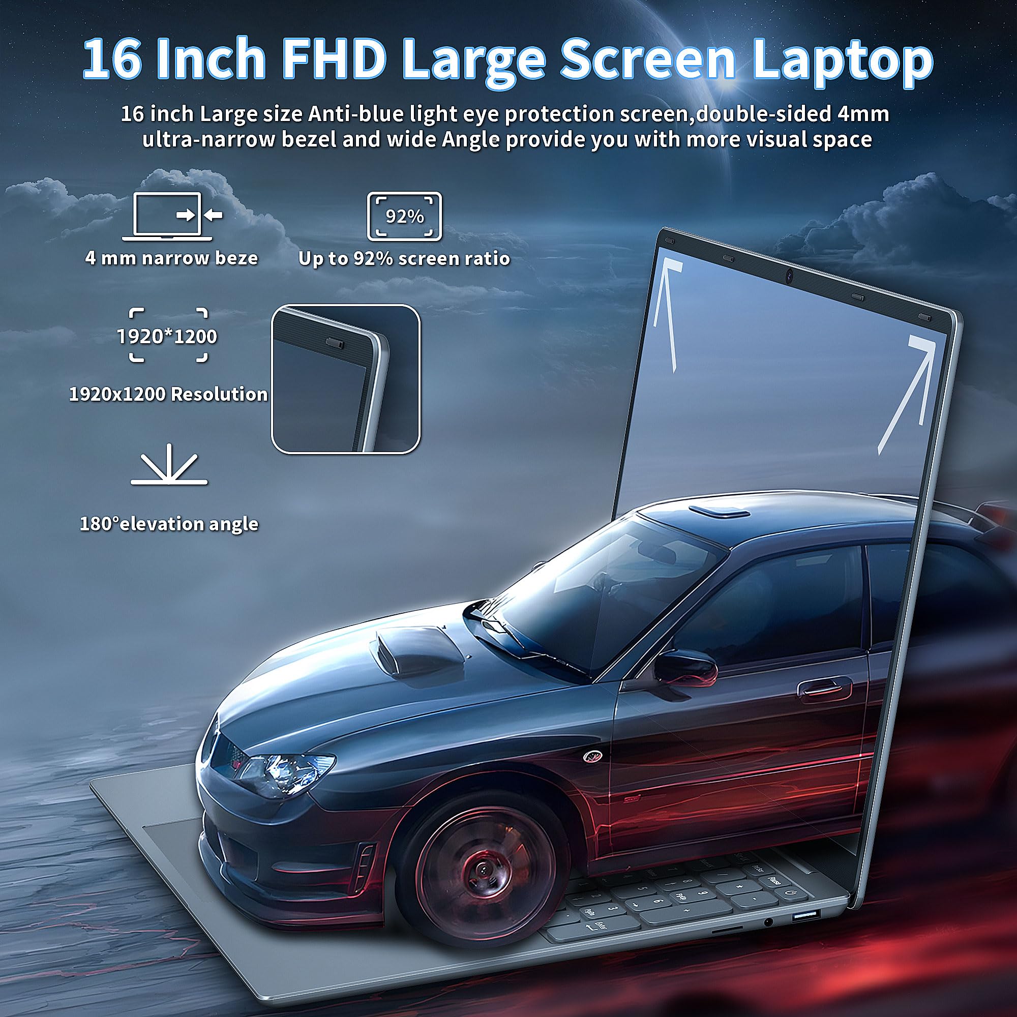 【Win 11/MS Office 2019】16" Laptop Computer 12th Gen Alder Lake N95 CPU (Up to 3.4Ghz) Quad-Core 12G LPDDR5 RAM 512GB SSD, Narrow Bezels 1920*1200 2K FHD IPS Screen/Backlit KB/Fingerprint Unlock(Gray)