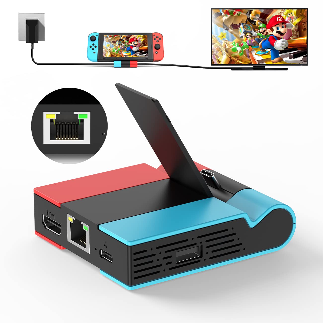 [New Version] TV Docking Station for Nintendo Switch, Knofarm Foldable TV Dock Charging Station with Gigabit Ethernet and 4K HDMI Adapter, Support 45W Fast Charging, Portable Switch Dock Station