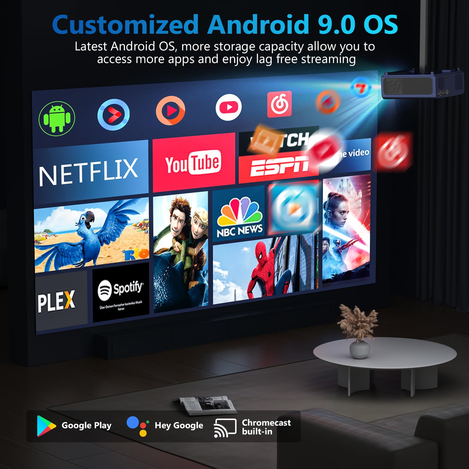 【 Auto Focus/Keystone】Android TV 4K Projector with Wifi 6 & Bluetooth,Xnoogo1300ANSI Smart Projector Support 6D Keystone,Dolby,PPT,Outdoor Movie Projector 4K+ with Netflix/Roku/YouTube streaming Apps