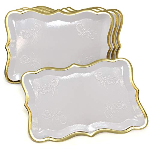 10 White Rectangle Trays with Gold Rim Border for Elegant Dessert Table Serving Parties 9" X 13" Heavy Duty Disposable Paper Cardboard for Platters, Cupcake Display, Birthday Party, Weddings Food Safe