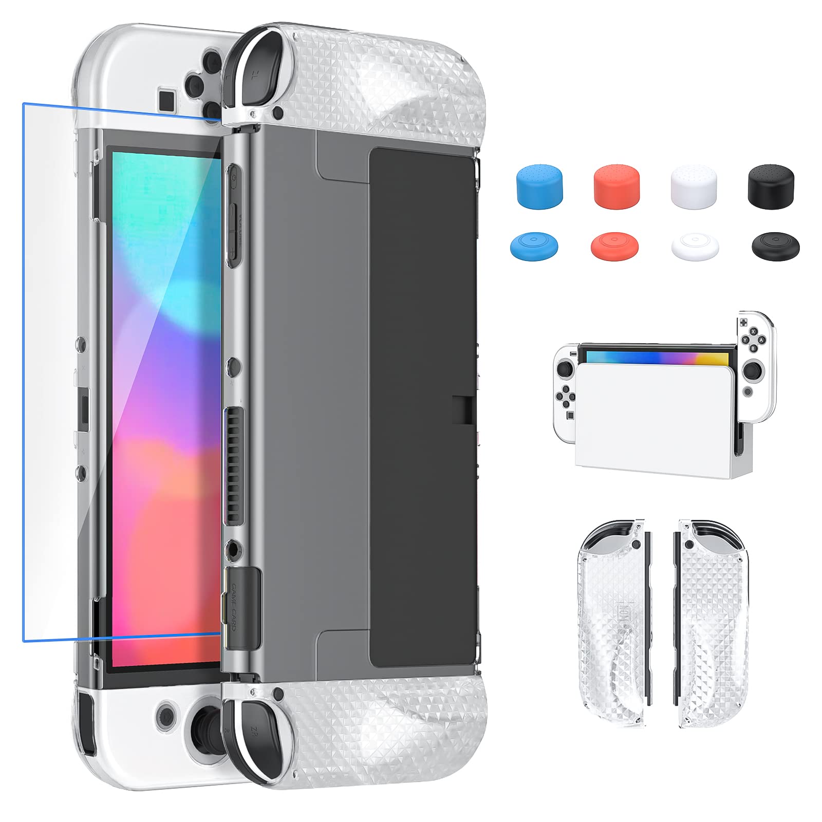 [Upgraded] Dockable Case 3in1 for Nintendo Switch OLED Model, Console Clear PC Protective Case, Ergonomic Soft TPU Case for Joycon, Switch OLED Accessories with Screen Protector 8pcs Thumbstick Caps