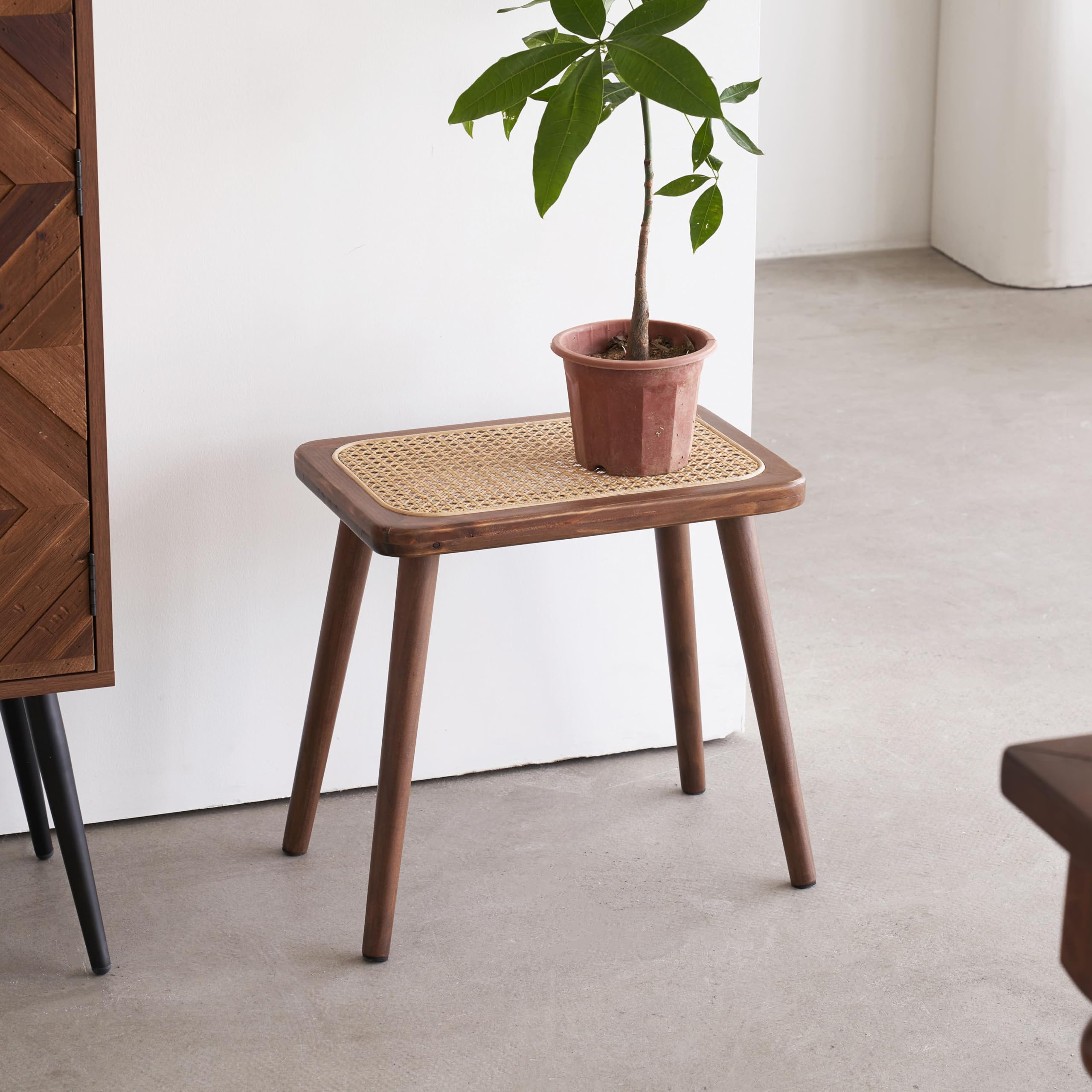 [PJ Collection] Natural Rattan Top Wood Stool, with Portable and Detachable Legs, Handcrafted Wood Stool, Lightweight Stool, Hand Woven, Comfortable Support (Rectangle, Walnut Wood)