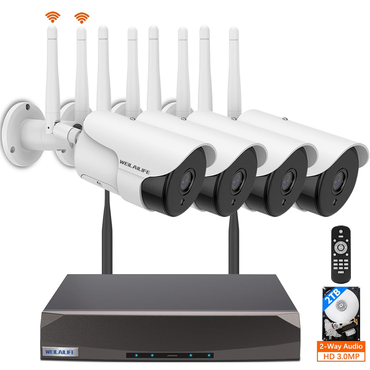 γ2-Way Audio & Dual Antenna Enhancedγ 90ft Night Vision Outdoor Wireless Security Camera System, Wireless Surveillance Camera System, WiFi Video Surveillance, Home Security Cameras