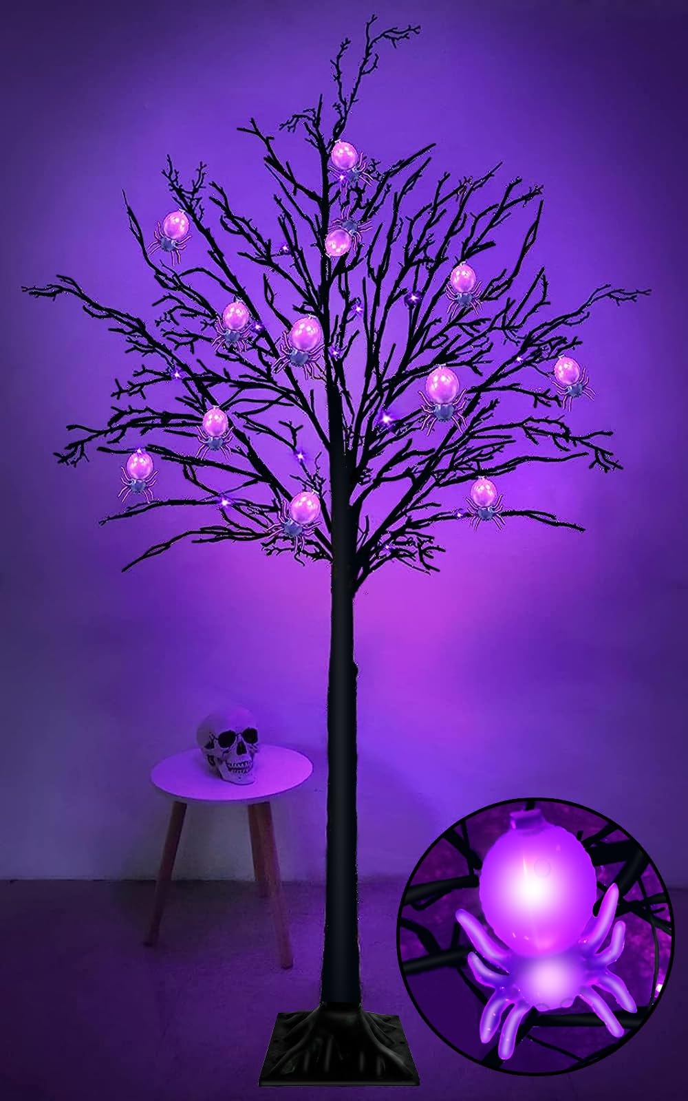 [Timer] 6 Ft Tall Halloween Tree Decorations Black Spooky Tree with 96 LED Purple Lightes and 24 DIY Bats Ornaments Artificial Tree Halloween Decor for Outdoor Indoor Home(4 Ground Stake/Adapter)