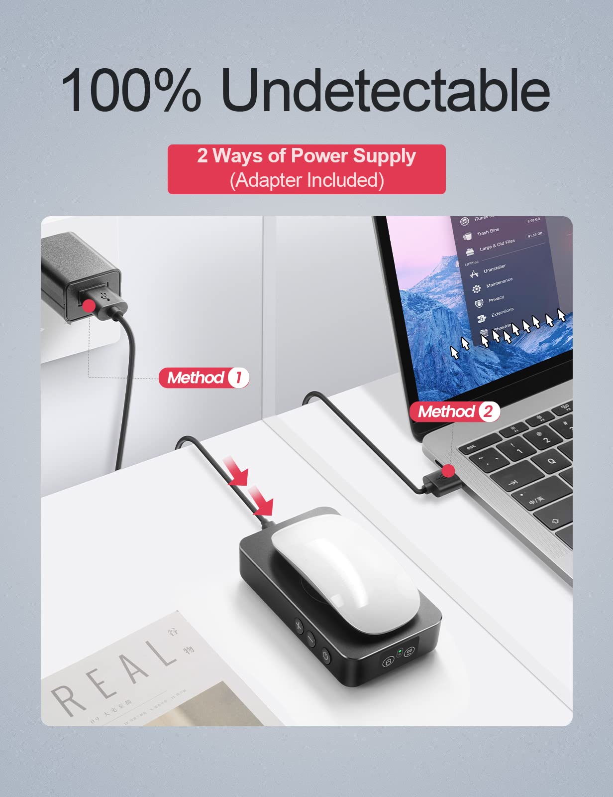 【Screen Display & Interval Timer】ENUSUNG Nice Mouse Mover, Undetectable Mechanical Mouse Jiggler, With ON/OFF Switch and Adjustable Timer(between 5-60s), Silent Automatic Mouse Shaker, Keeps PC Active