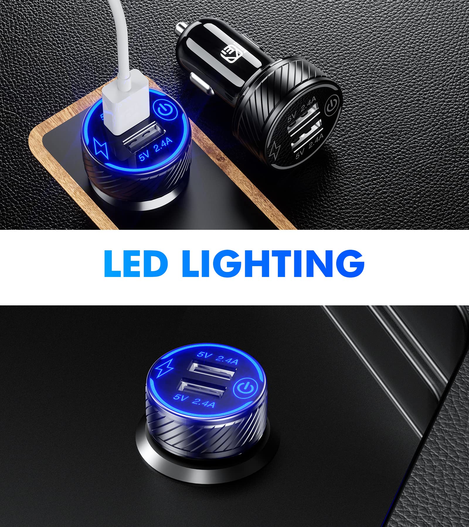 【2Pack】 USB Car Charger, Dual USB Port Car Charger Adapter, 5V/4.8A Charge Car Phone Charger with Blue LED & Touch Switch Fit for iPhone 13/12 Pro/Max/8, Galaxy S21/20/10/9 (Black)
