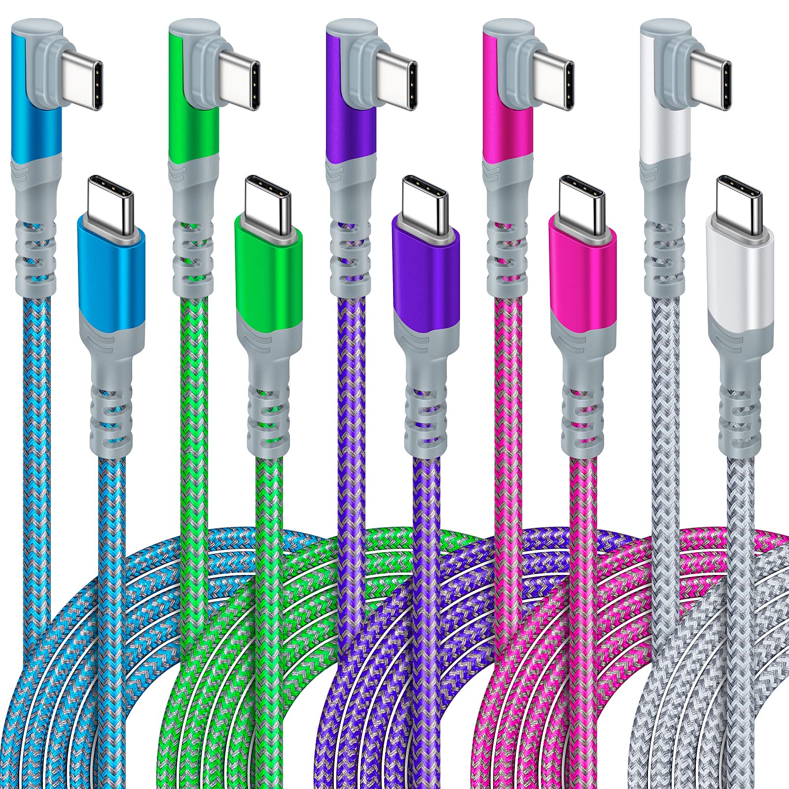 【5-Pack】 USB C to USB C Cable 10ft, Extra Long Right-Angle 60W/3A Type C to Type C Charger Fast Charging Cable Cord Compatible with Samsung S22 Ultra, Google Pixel 6, iPad Pro 12.9 Air Mini MacBook