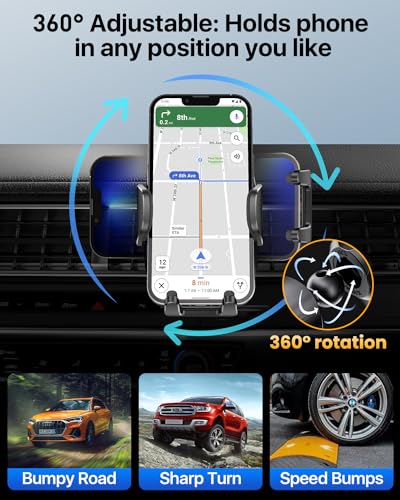 【Military-Grade】Car Phone Holder,【Strongest & Longest Steel-Hook】Car Vent Mount, Handsfree 360° Adjustable Automobile Cradle Air Clip Stand for iPhone 15 14 13 12 Pro Max Samsung Universal, Black