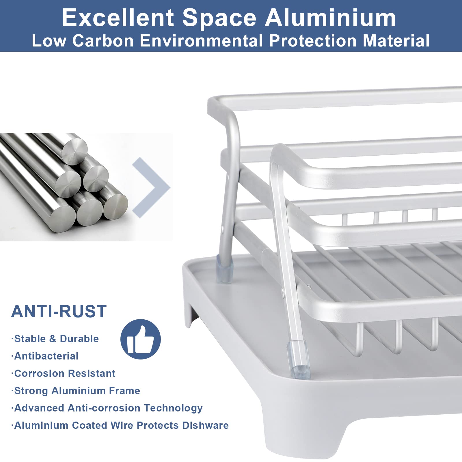 [Upgraded] Aluminum Dish Drying Rack, ROTTOGOON Rustproof Dish Rack and Drainboard Set with Drainage, Utensil Holder, Cup Holder, Compact Dish Drainer for Kitchen Counter, 16.9"L x 12.2"W, Light Gray