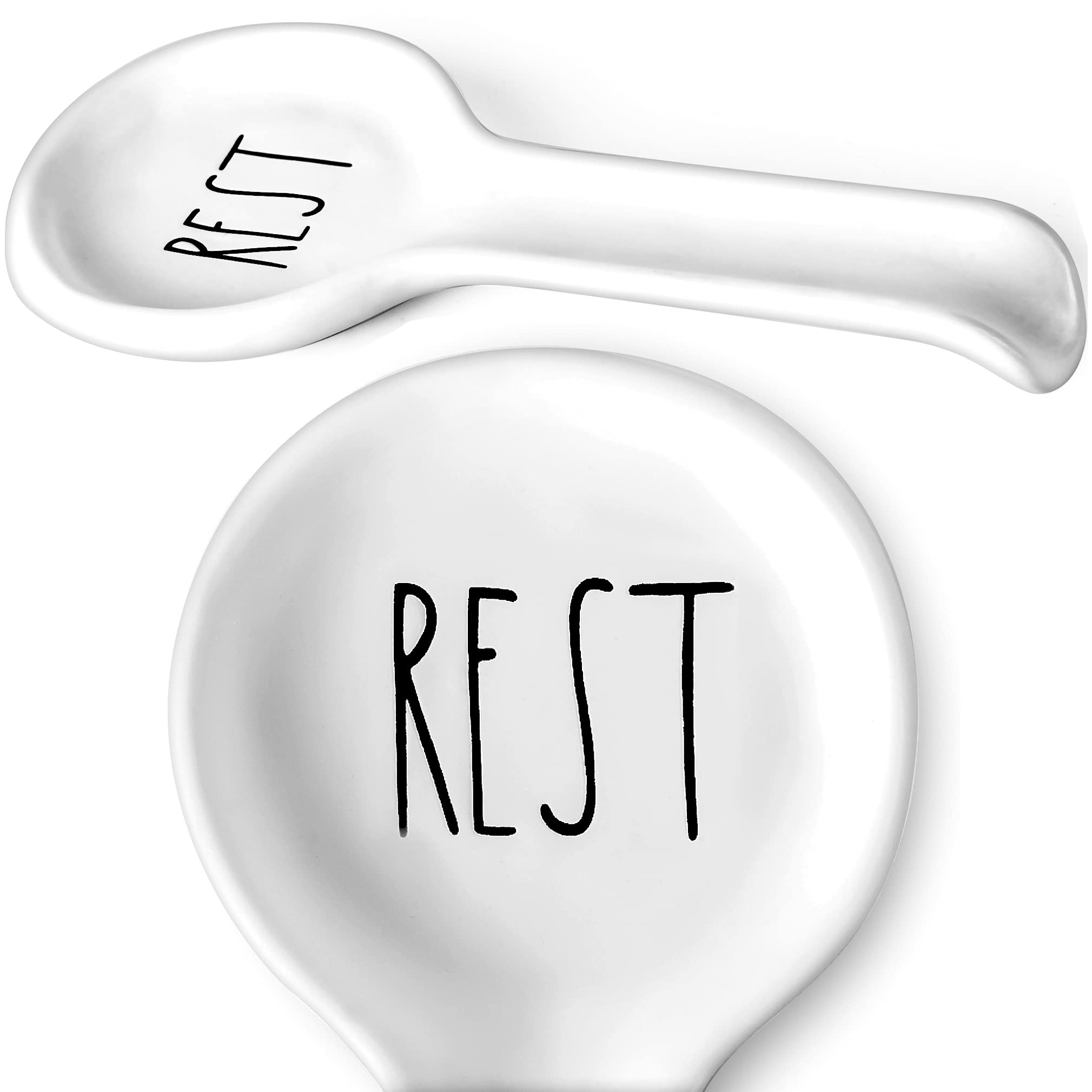 [Set of 2] Farmhouse Spoon Rests for Kitchen Counter by Brighter Barns - Black White Ceramic Spoon Rest for Stove Top - Stove Spoon Holder for Countertop - Coffee Spoon Rest - Farmhouse Kitchen Decor