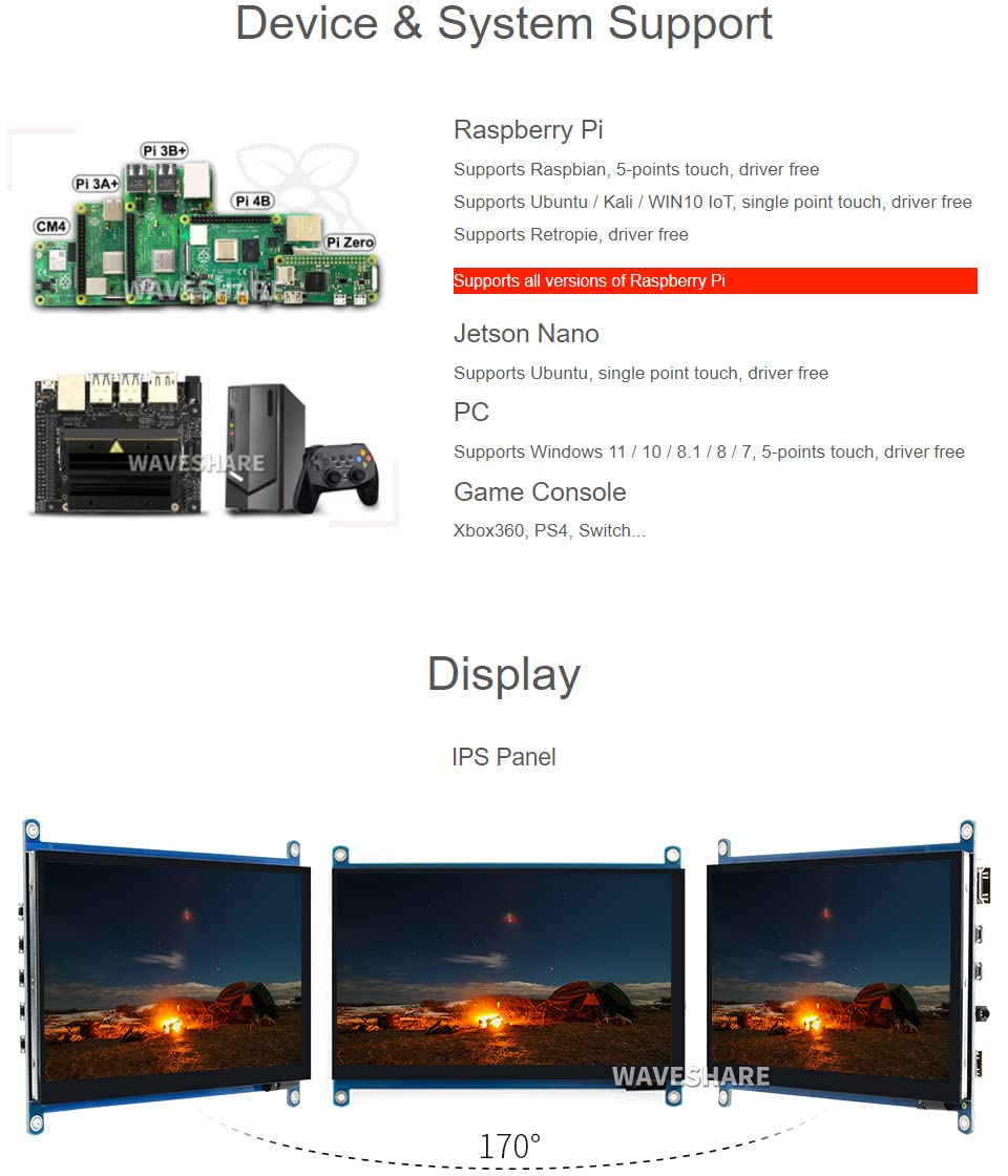 [Latest Version] Waveshare 7inch Capacitive Touch Screen LCD Monitor for RPi 400 4 3 Model B Compatible with All Versions of Raspberry Pi Windows with HDMI/VGA Port