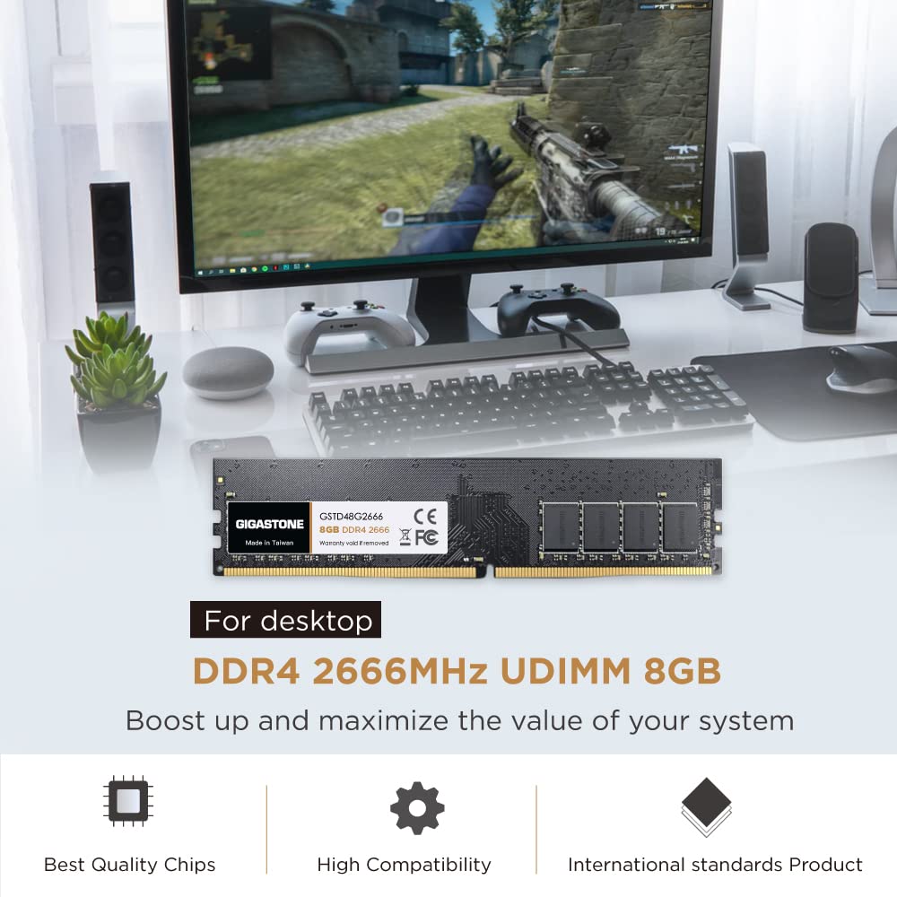 【DDR4 RAM】 GIGASTONE 16GB Kit (2x8GB) DDR4 2666MHz (2400MHz or 2133MHz) PC4-21300 (PC4-19200/17000) CL19 1.2V UDIMM 288 Pin Unbuffered Non ECC High Performance PC Desktop Memory Upgrade