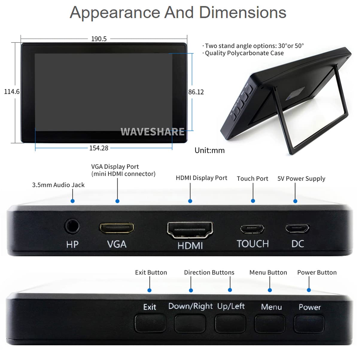 [Latest Version] Waveshare 7inch Capacitive Touch Screen LCD Monitor for Raspberry Pi 5 RPi 400 4 3 Model B Compatible with All Versions of Raspberry Pi Windows with HDMI/VGA Port with Case